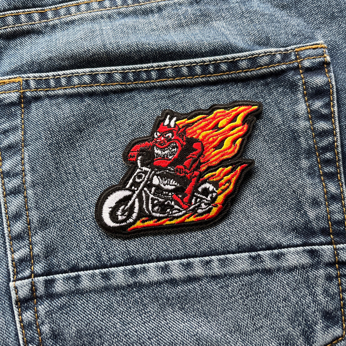 Embroidered Devil on Motorcycle with Flames Iron on Sew on Patch – PATCHERS