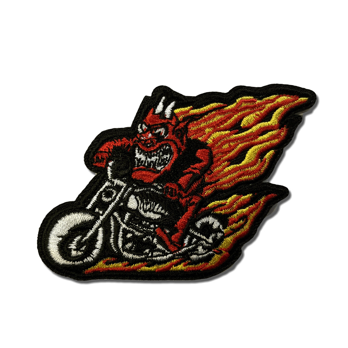 Embroidered Devil on Motorcycle with Flames Iron on Sew on Patch – PATCHERS