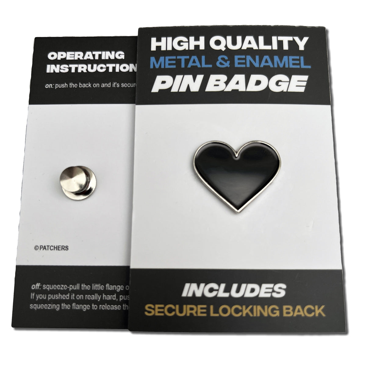 Metal & Enamel Black Heart Pin Badge with Secure Locking Back – PATCHERS