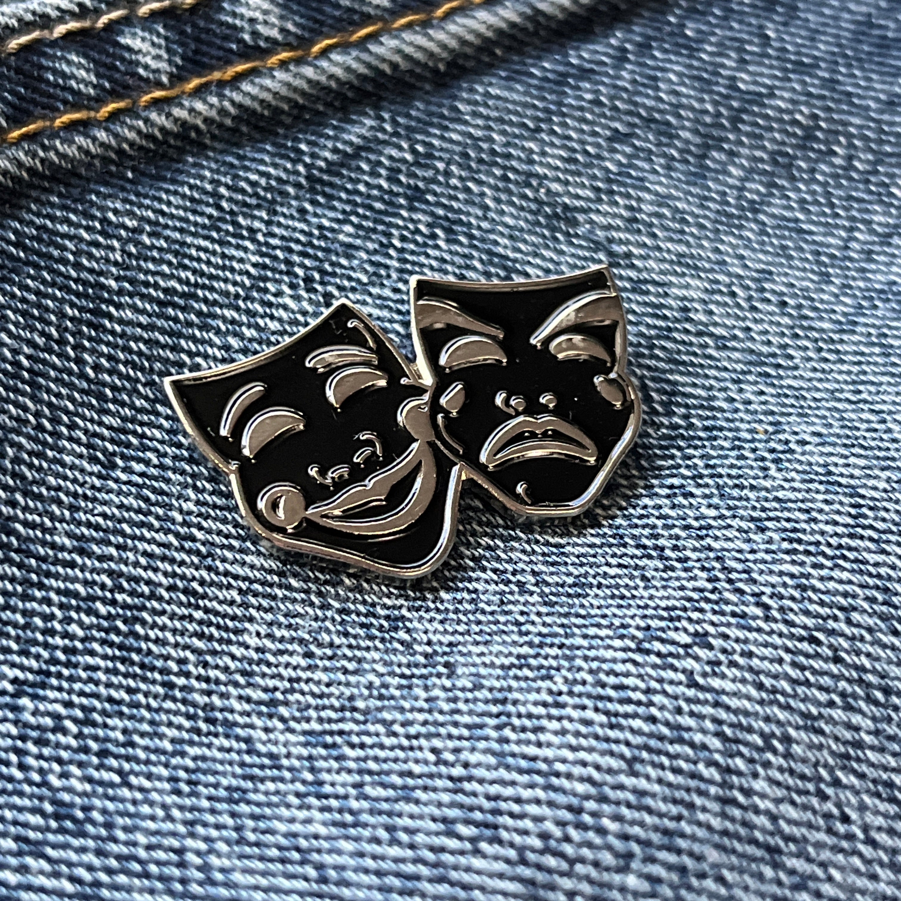 Metal & Enamel Comedy Tragedy Black Pin Badge with Secure Locking Back ...