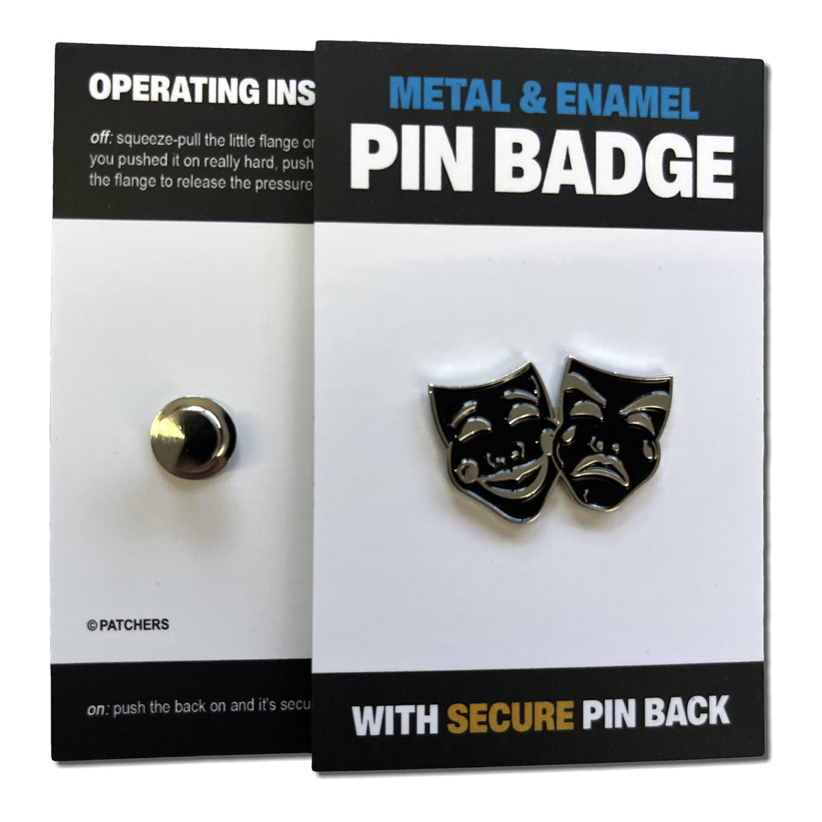 Metal & Enamel Comedy Tragedy Black Pin Badge with Secure Locking Back ...