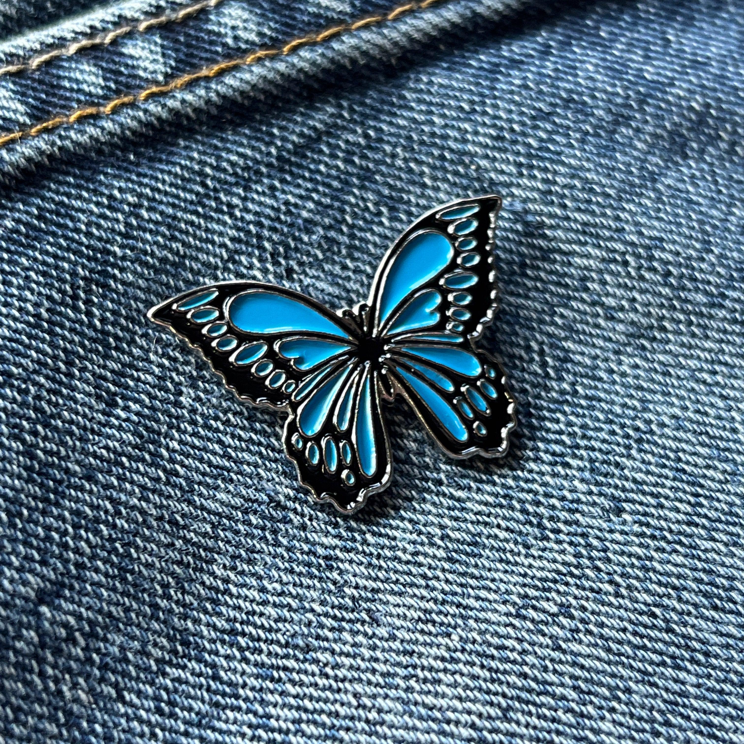 Metal & Enamel Light Blue Butterfly Pin Badge with Secure Locking Back ...