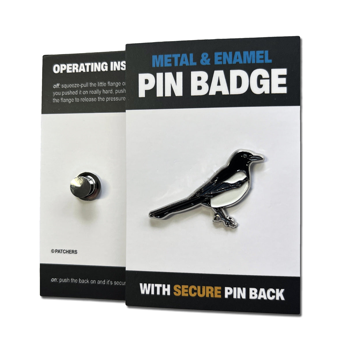 Metal & Enamel Magpie Bird Pin Badge with Secure Locking Back – PATCHERS