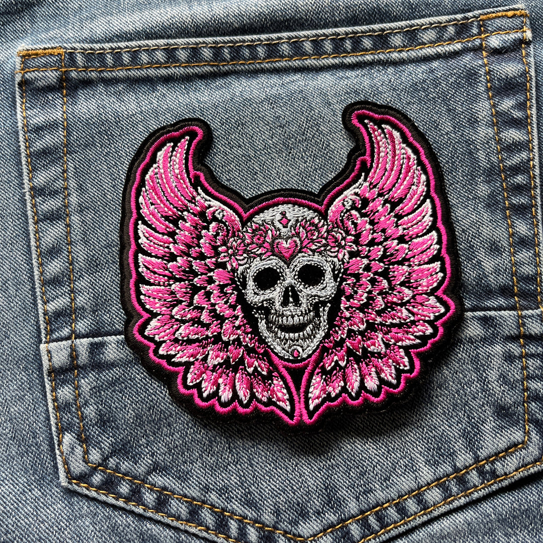 Embroidered Pink Angel Wings Skull Iron on Sew on Patch – PATCHERS