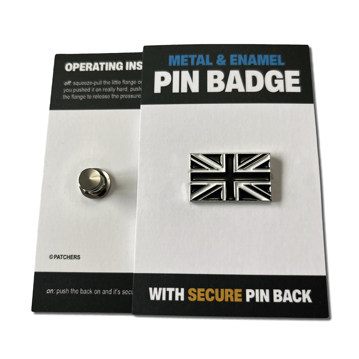 Metal & Enamel UK Flag Black & White Pin Badge with Locking Back – PATCHERS