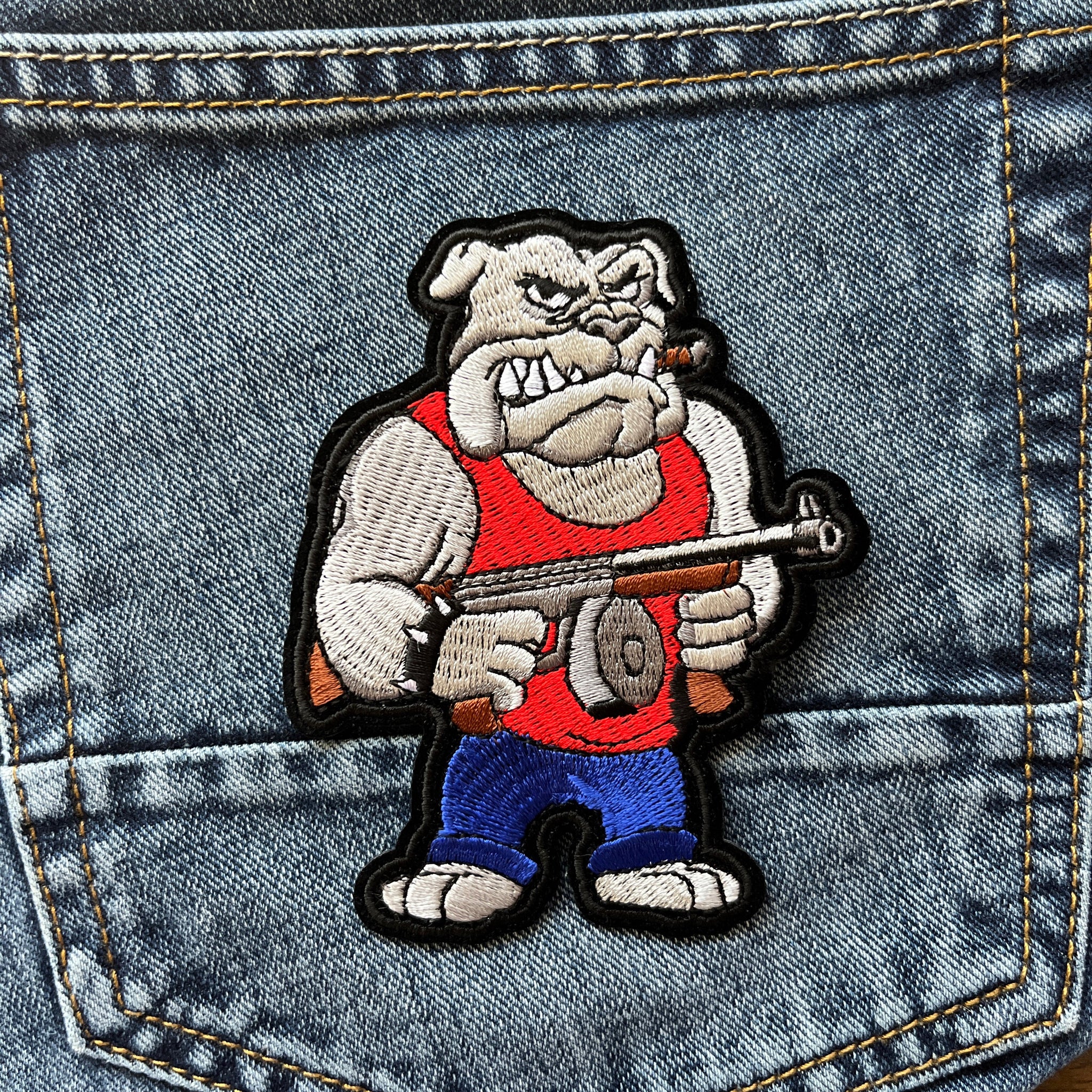 Embroidered 4" Bulldog Machine Gun Iron on Sew on Patch – PATCHERS
