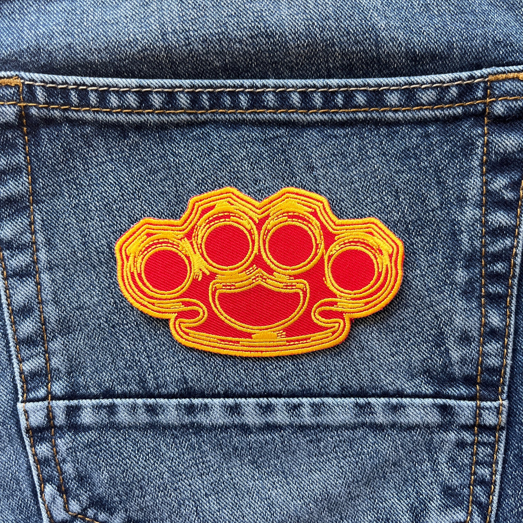 Embroidered Brass Knuckles in Red and Yellow Iron on Sew on Patch ...